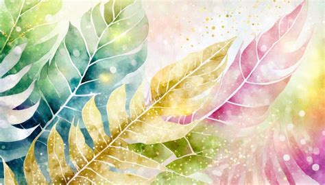 Watercolor Background With Tropical Leaves In Pastel Colors Stock