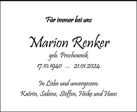 Traueranzeigen Von Marion Renker Trauer Anzeigen De