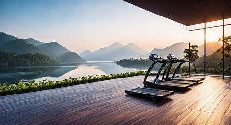 一座位于山谷中的别墅健身房，运动区，由中国设计师马岩松创作，现代极简设计手法，深色木地板，跑步机，龙 豆友1ihy的文本出图 自定义创作作品