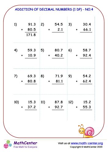 Addition Of Decimal Numbers 1 Dp No4 Worksheets Math Center