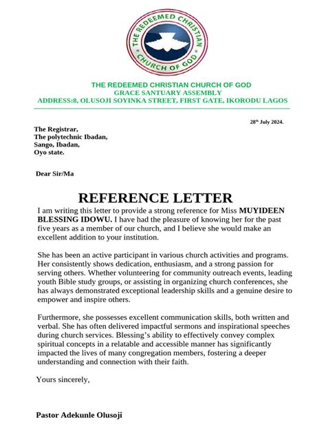 Church Recommendation Letter Template Edit Online And Download Example