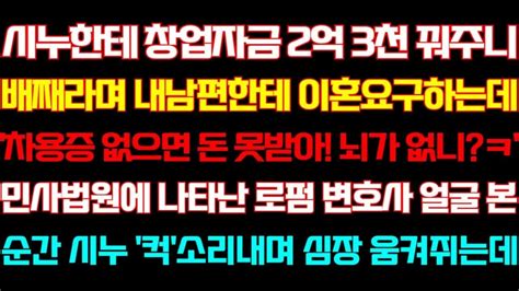 반전 신청사연 시누한테 창업자금 2억 3천 꿔주니 내 남편한테 이혼요구하는데 민사법원에 나타난 로펌 변호사 얼굴 본 순간