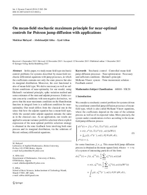Pdf On Mean Field Stochastic Maximum Principle For Near Optimal Controls For Poisson Jump