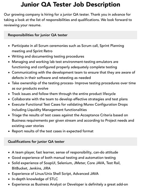 Junior QA Tester Job Description Velvet Jobs