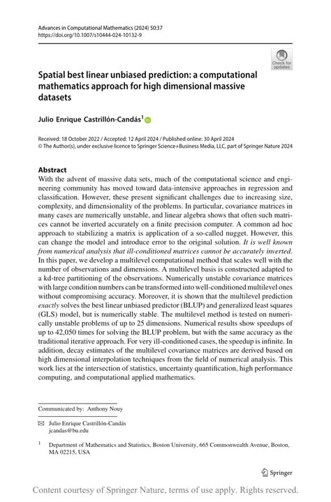 Spatial Best Linear Unbiased Prediction A Computational Mathematics Approach For High