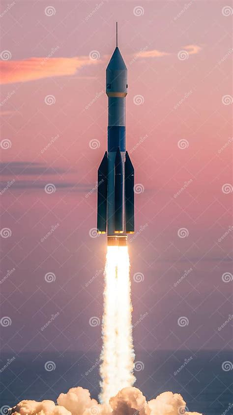 Rocket With White And Blue Color Scheme Launches At Dawn Stock Illustration Illustration Of