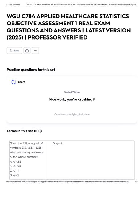 Wgu C784 Applied Healthcare Statistics Objective Assessment 1 Real Exam Questions And Answers