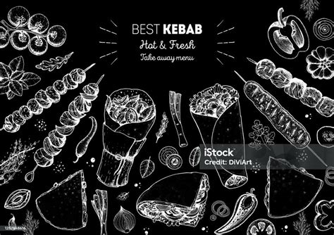 도너 케밥과 케밥 스케치 일러스트에 대한 재료 아랍 요리 프레임 패스트 푸드 메뉴 디자인 요소 샤와르마 핸드 그린 프레임 중동 음식 벡터에 대한 스톡 벡터 아트 및 기타
