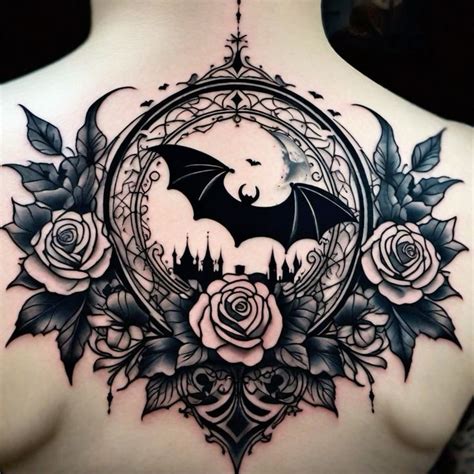 Gothic Tattoo Design With Roses And Bats Negative Shading Tattoo