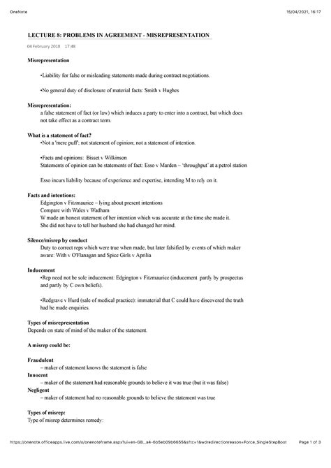PROBLEMS IN AGREEMENT MISREPRESENTATION OneNote 15 04 2021 16 Studocu