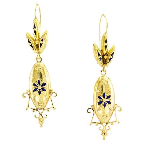 Vintage Blue Enamel Yellow Gold Drop Earrings For Sale At 1stdibs
