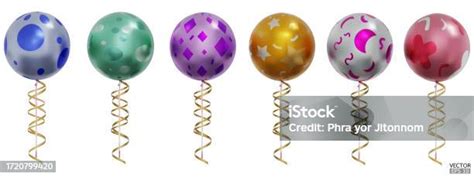 화려한 풍선 세트와 금색 리본 구불구불한 색종이 흰색 배경에 분리된 색종이 기념일 카드 생일 파티 포스터 장식 배너를 위한 헬륨 풍선 템플릿입니다 3차원 형태에 대한 스톡