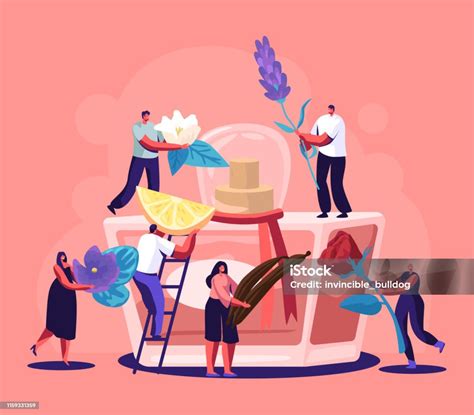 남성 및 여성 향수 캐릭터는 새로운 향수 향수를 만듭니다 작은 사람들은 화장실 물이있는 거대한 분무기 병에 재료를 가져옵니다 아로마 조성물 향수 만화 플랫 벡터 일러스트