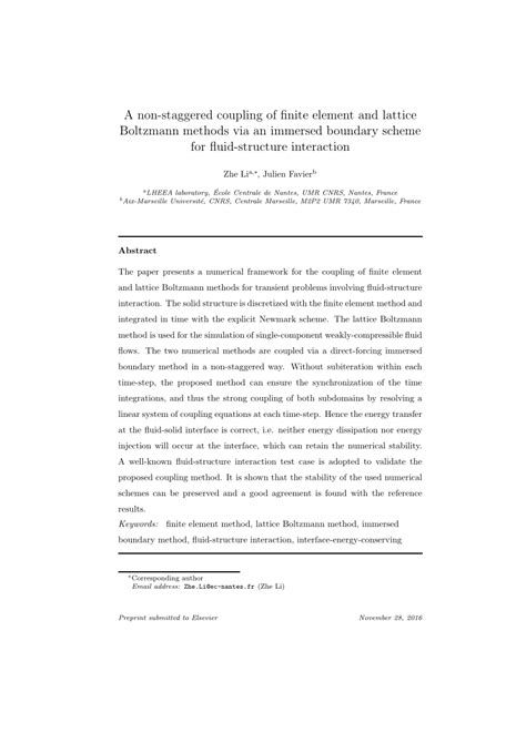 Pdf Fluid Structure Interaction Using Lattice Boltzmann Method Coupled With Finite Element Method