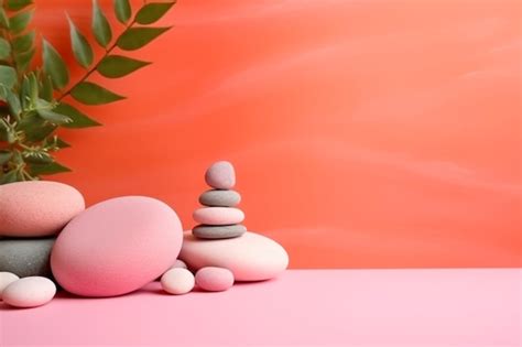 Premium Ai Image A Stack Of Rocks On A Pink Background With A Leaf Of A Plant