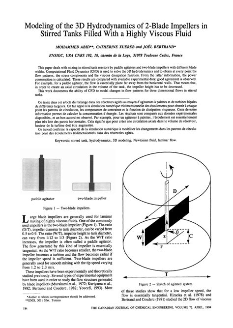 Pdf Modeling Of The 3d Hydrodynamics Of 2‐blade Impellers In Stirred Tanks Filled With A