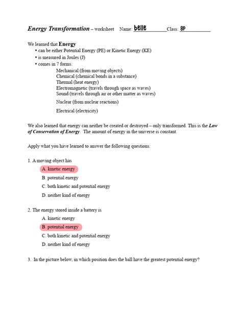 Energy Transformation Worksheet Pdf Potential Energy Kinetic Energy