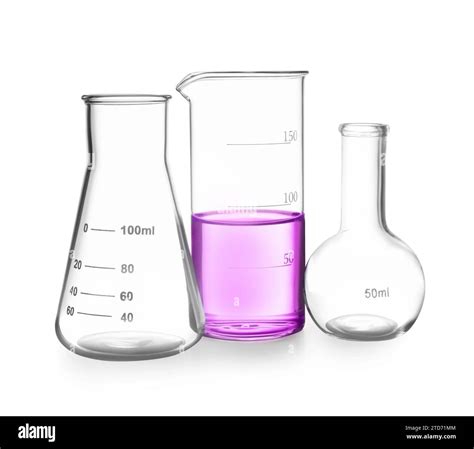 Glass Flasks And Beaker With Color Liquid Isolated On White Stock Photo Alamy