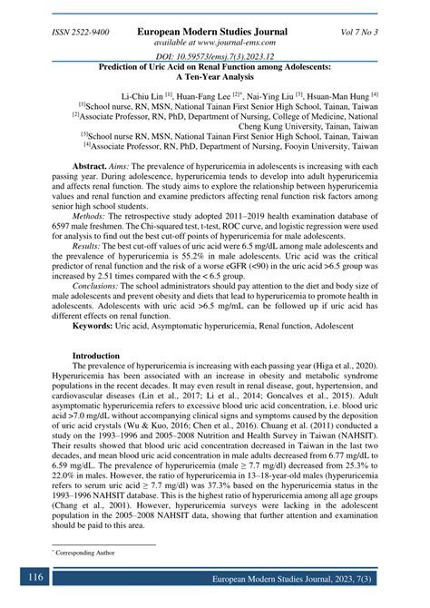 Pdf Prediction Of Uric Acid On Renal Function Among Adolescents A Ten Year Analysis