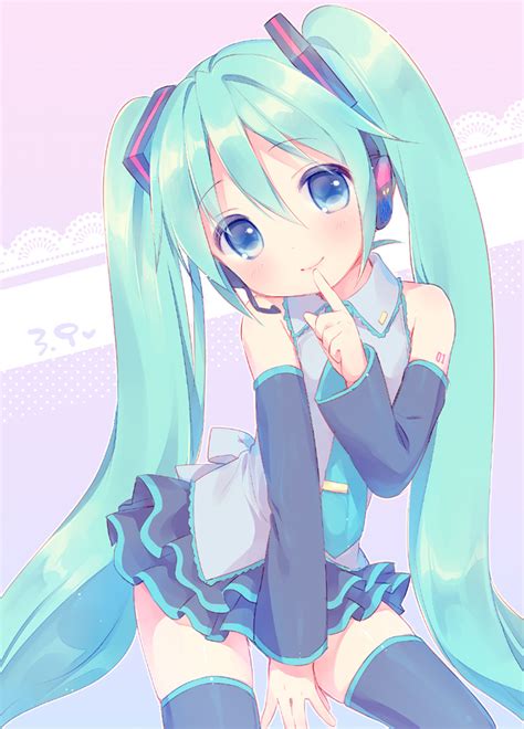 Safebooru 1girl Aqua Eyes Aqua Hair Detached Sleeves Finger To Mouth
