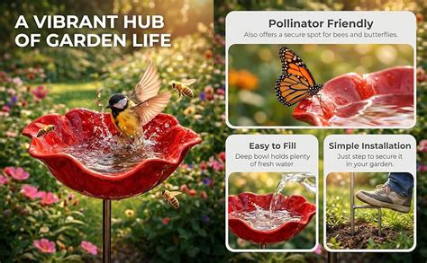 Handmade Metal Flower Garden Stake With Bee Bath And Bird