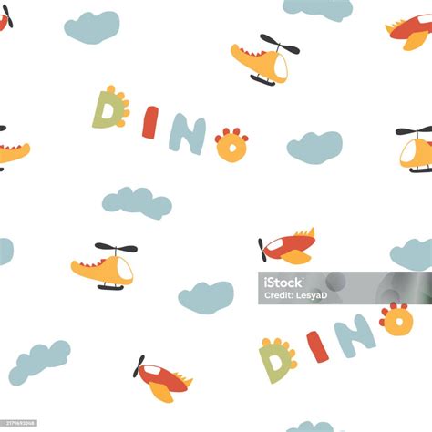 귀여운 공룡 비행기 와 헬리콥터 완벽한 패턴 어린아이 만화 배경 벡터 일러스트 레이 션 0명에 대한 스톡 벡터 아트 및 기타 이미지 Istock