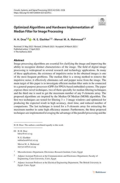 pdf optimized algorithms and hardware implementation of median filter
