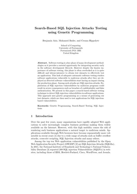 Pdf Search Based Sql Injection Attacks Testing Using Genetic Programming