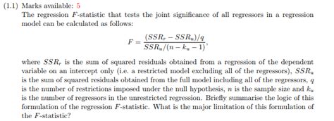 Solved 1 1 Marks Available 5 The Regression F Statistic