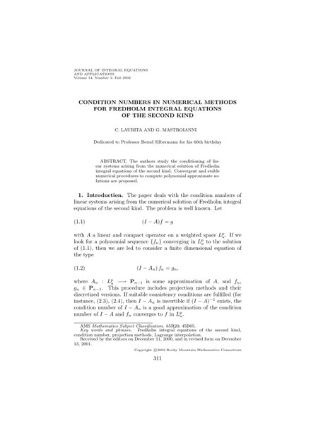 Pdf Condition Numbers In Numerical Methods For Fredholm Integral