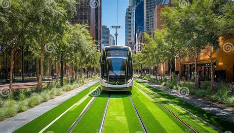 Modern Green City Street With Tram Sustainable Public Transportation