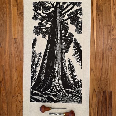A Redwood Forest Giant Linocut Tree Print Etsy