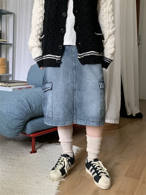 모브앤로지 빈티지 중청 카고 미디 데님 5부 스커트 위시버킷