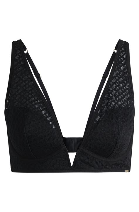 Boss Monogram Lace Triangle Bra With Branded Metal Trim Black