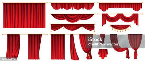 레드 커튼 의 세트 고립 장식 무대 천 벡터 럭셔리 처마 장식 국내 직물 인테리어 드레이프 섬유 라렉크 주홍 실크 벨벳 커튼 극장 시네마 장면 장식 커튼에 대한 스톡 벡터