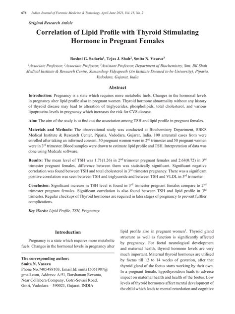 Pdf Correlation Of Lipid Profile With Thyroid Stimulating Hormone In Pregnant Females