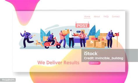 우체국 서비스 사람들은 편지와 소포를 보냅니다 포스트 맨은 고객에 게 메일 및 패키지를 제공 합니다 메일 편 배송 우 송료 웹사이트 방문 페이지 웹 페이지 만화 평면 벡터