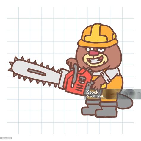 전기톱을 들고 미소를 지으며 단단한 모자를 쓰고 있는 빌더 비버 손으로 그린 캐릭터 가공의 인물에 대한 스톡 벡터 아트 및 기타 이미지 가공의 인물 건설업자 공사장
