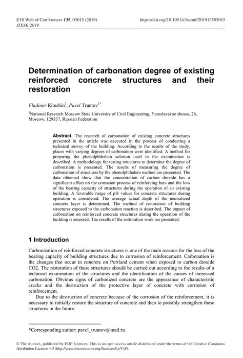 Pdf Determination Of Carbonation Degree Of Existing Reinforced Concrete Structures And Their