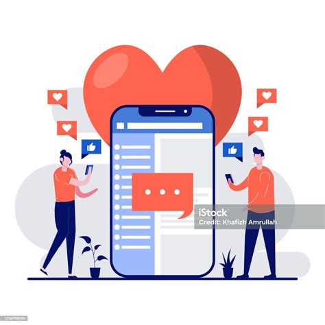 작은 캐릭터와 소셜 네트워크 개념에 해피 발렌타인 데이 축제 사랑하는 부부는 멀리 사랑에 빠지고 소셜 네트워크 플랫 벡터 일러스트레이션에서 의사 소통을합니다 2월에 대한