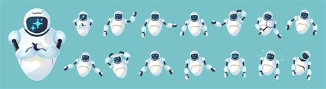 Ai 로봇 마스코트 캐릭터 세트 다양한 감정을 가진 귀여운 미래형 챗봇 기술 자동화 및 커뮤니케이션을 위한 친근하고 재미있는 디지털 비서 현대 스마트 로봇 절연 벡터 개념