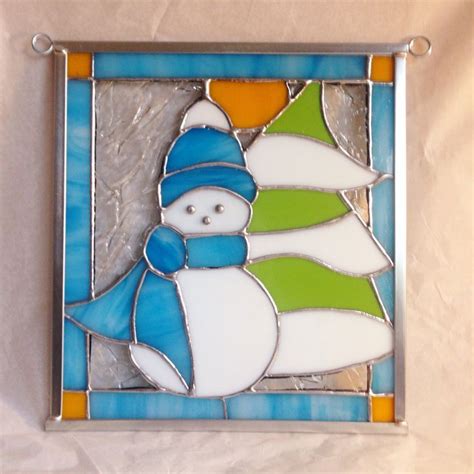 Snowman Winter Snowman Scene Stained Glass Panel