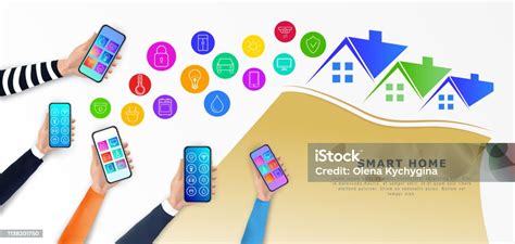 사물의 인터넷 Iot 스마트 홈 제어 및 아이콘 모니터링을 위한 모바일 앱으로 스마트폰을 들고 있는 핸 즈 현대 주택 자동화 기술 개념입니다 벡터 일러스트 감시에 대한 스톡