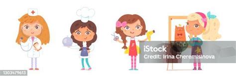 아이 직업 세트 전문 직업 벡터 일러스트와 귀여운 여자 의사 또는 간호사 요리사 또는 요리사 미용사 흰색 배경에 그림과 예술가로 어린이 아이에 대한 스톡 벡터 아트 및 기타