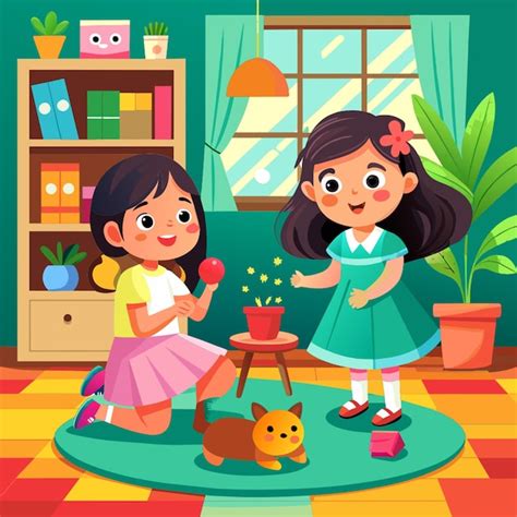 Sisters Playing At Home Vector Illustration Premium Ai Generated Vector