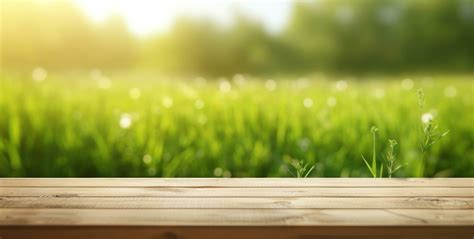 Ai Generated Wooden Counter With Grass In The Background With Sun And