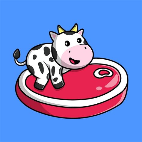Premium Vector Cute Cow Hug Steak Meat Cartoon Vector Icons Illustration