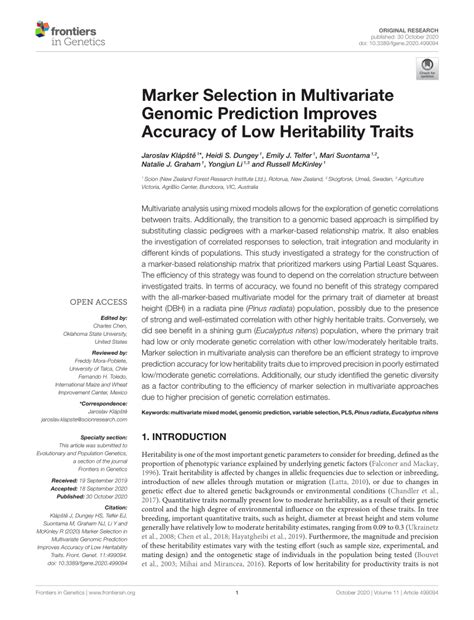 Pdf Marker Selection In Multivariate Genomic Prediction Improves Accuracy Of Low Heritability