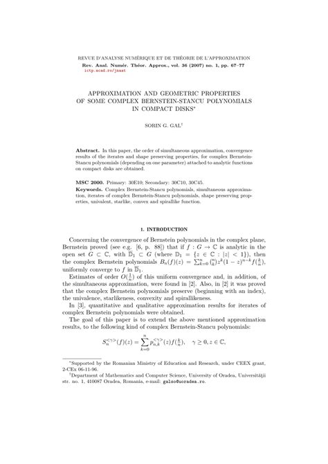 Pdf Approximation And Geometric Properties Of Some Complex Bernstein
