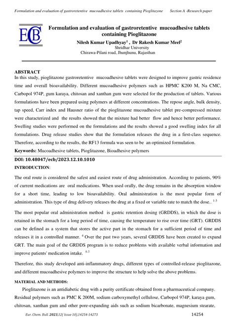 Pdf Formulation And Evaluation Of Gastroretentive Mucoadhesive Tablets Containing Pioglitazone